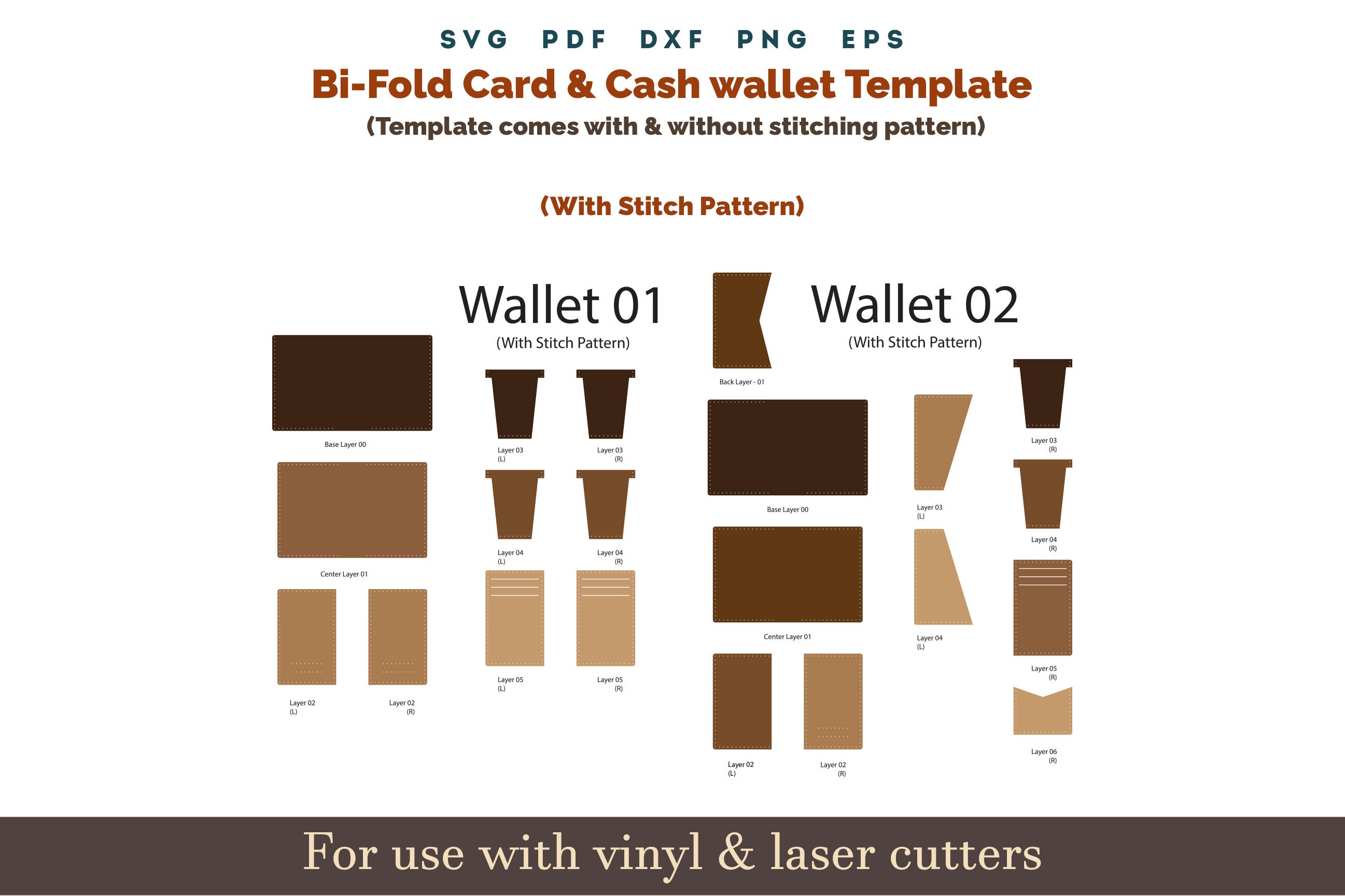 Leather Wallet Template SVG, 2 Set Bi-fold Cash Wallet SVG PDF Pattern ...