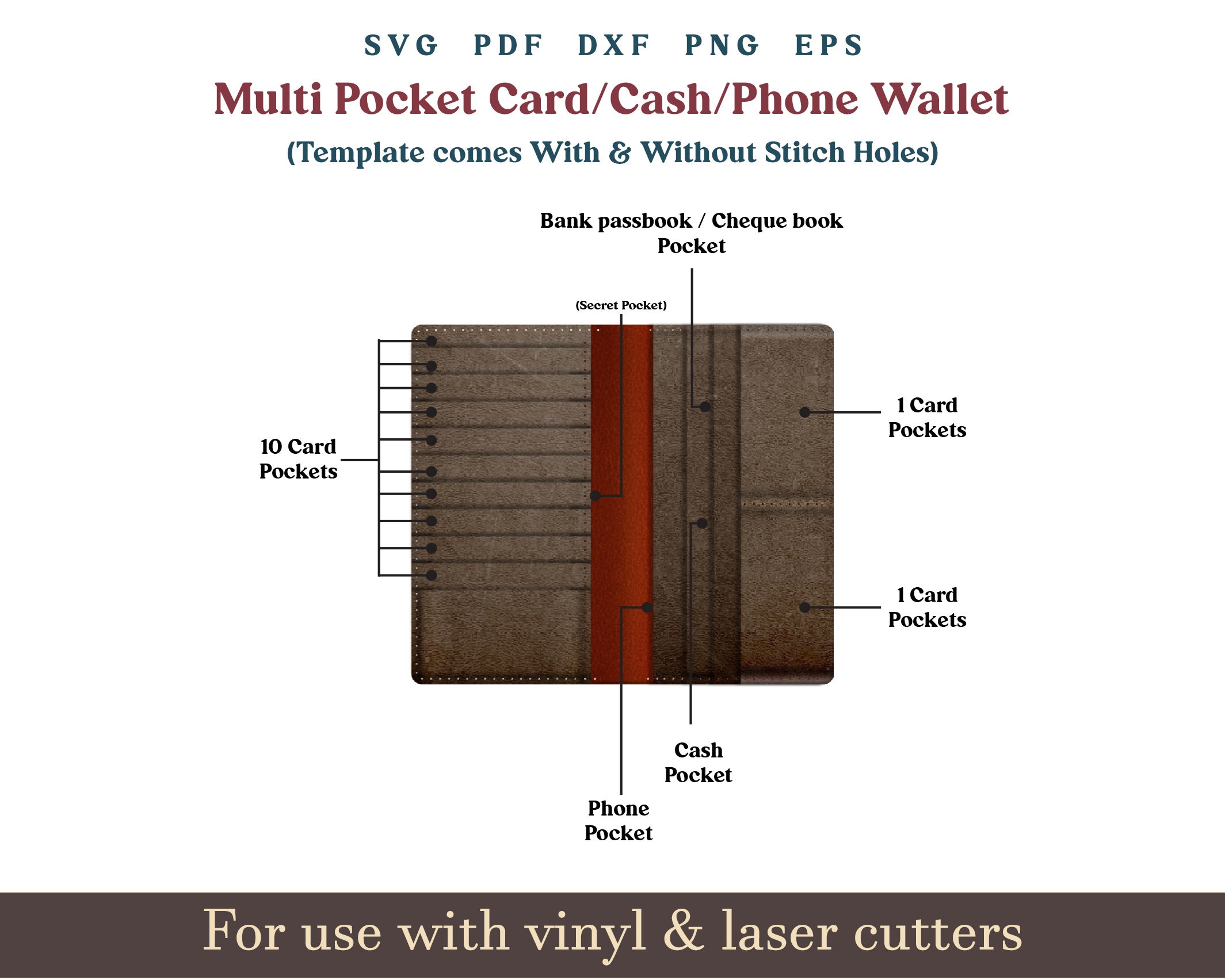 Leather Laser Cut Wallet Svg, PDF Multi Pocket Vertical Wallet Template ...