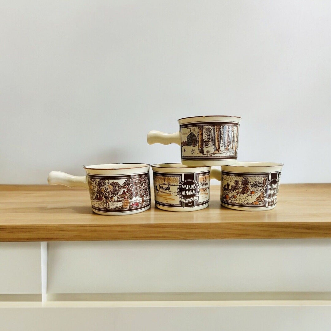 Vintage Collection of 4 Watkins Almanac Stoneware Soup Mugs With ...
