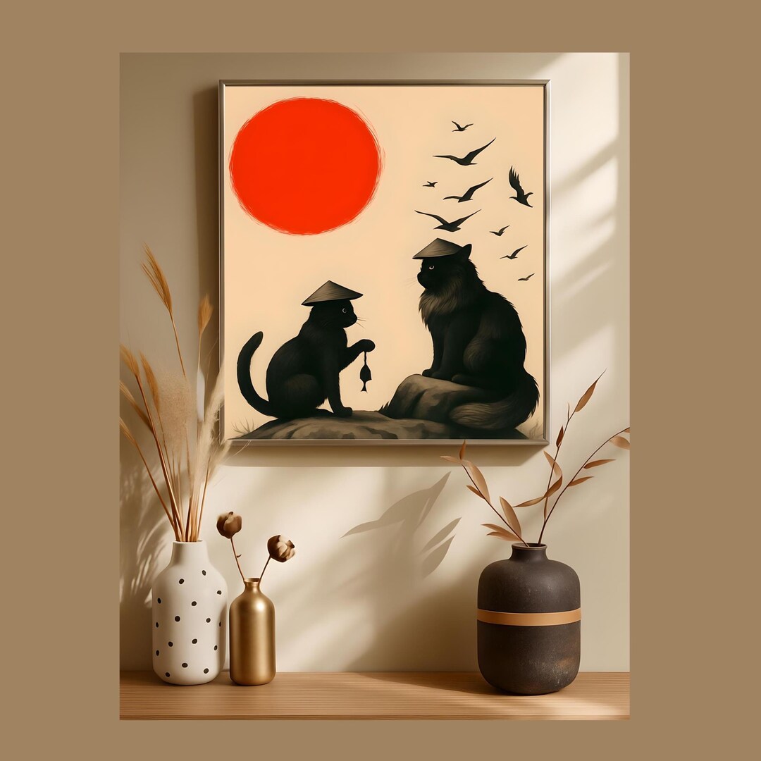 Zen Cats Under the Crimson Sun, Japanese-inspired Cat Art Print, Black ...