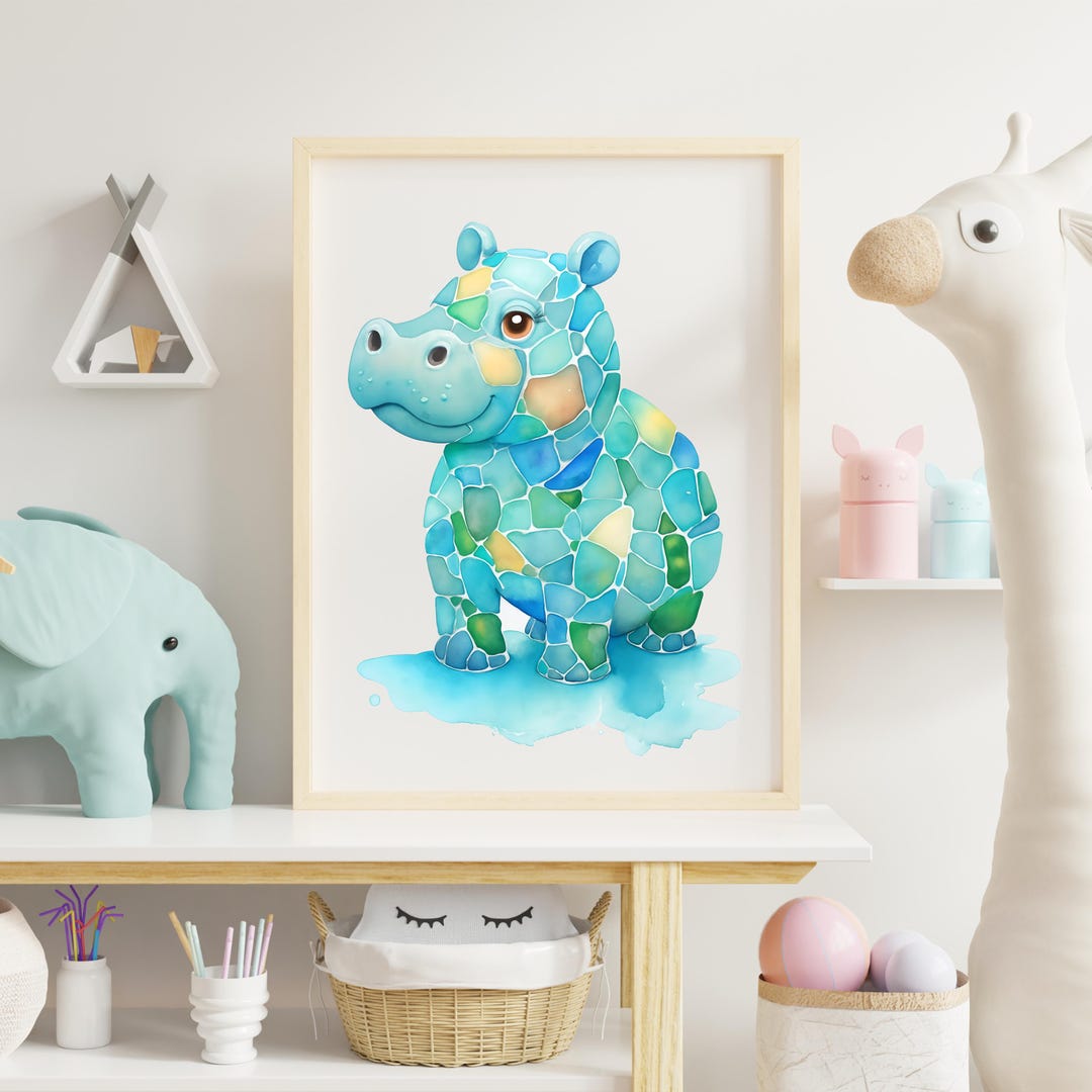 Hippo Poster, Safari Nursery Art Print, Sea Glass Wall Decor, Jungle ...