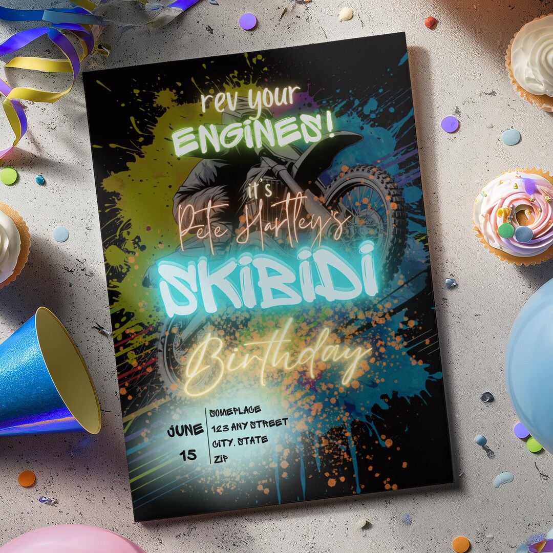 Skibidi Birthday Animated Video Invitation & Printable 5x7 Bundle, Neon ...