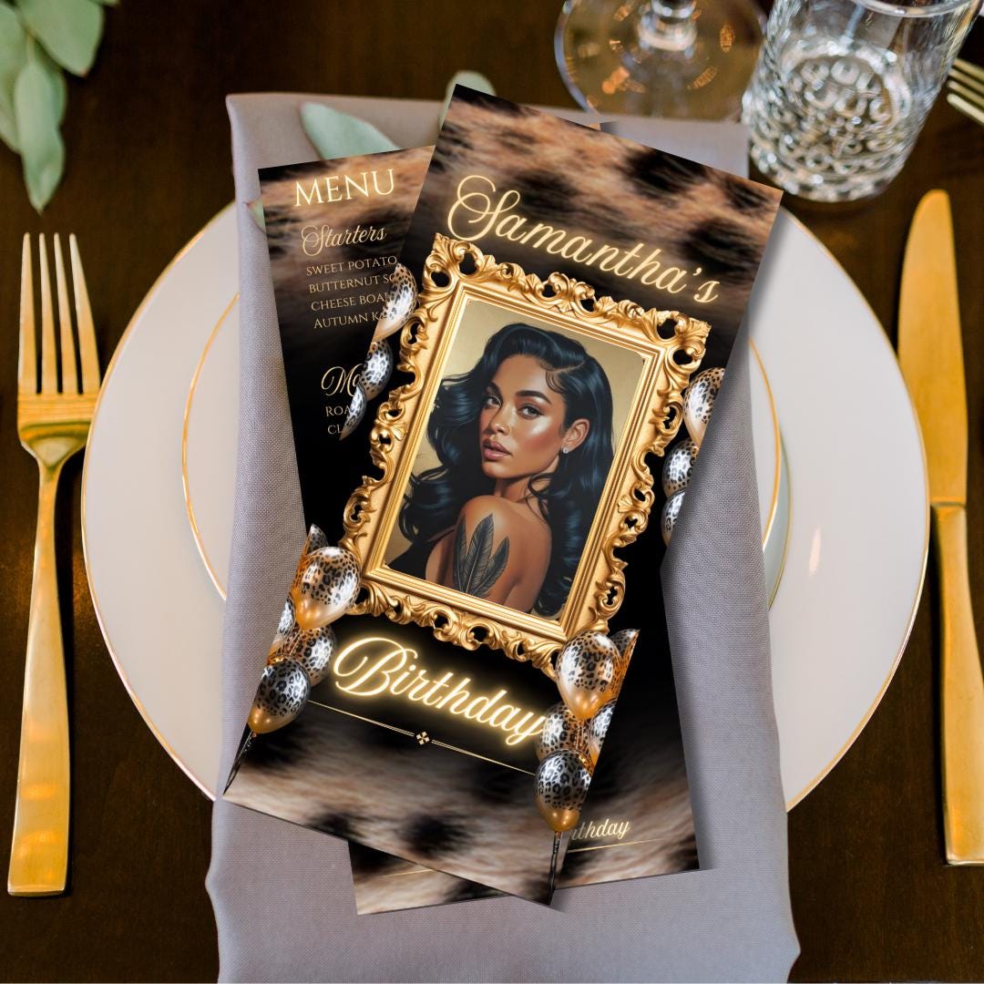 Elegant Birthday Dinner Menu Template: Leopard Gold Design (4x9 Digital ...