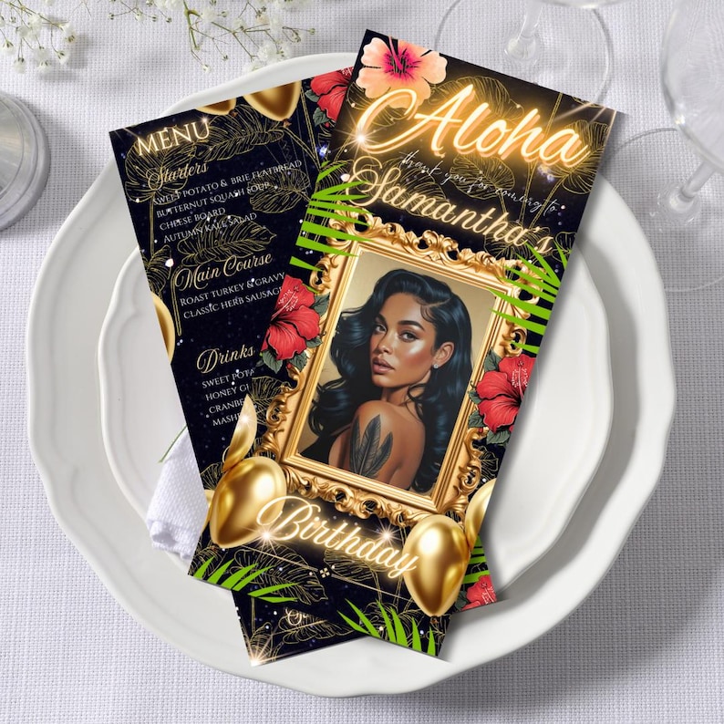 Editable Birthday Dinner Menu Template: Elegant Luau Theme (4x9 Digital ...