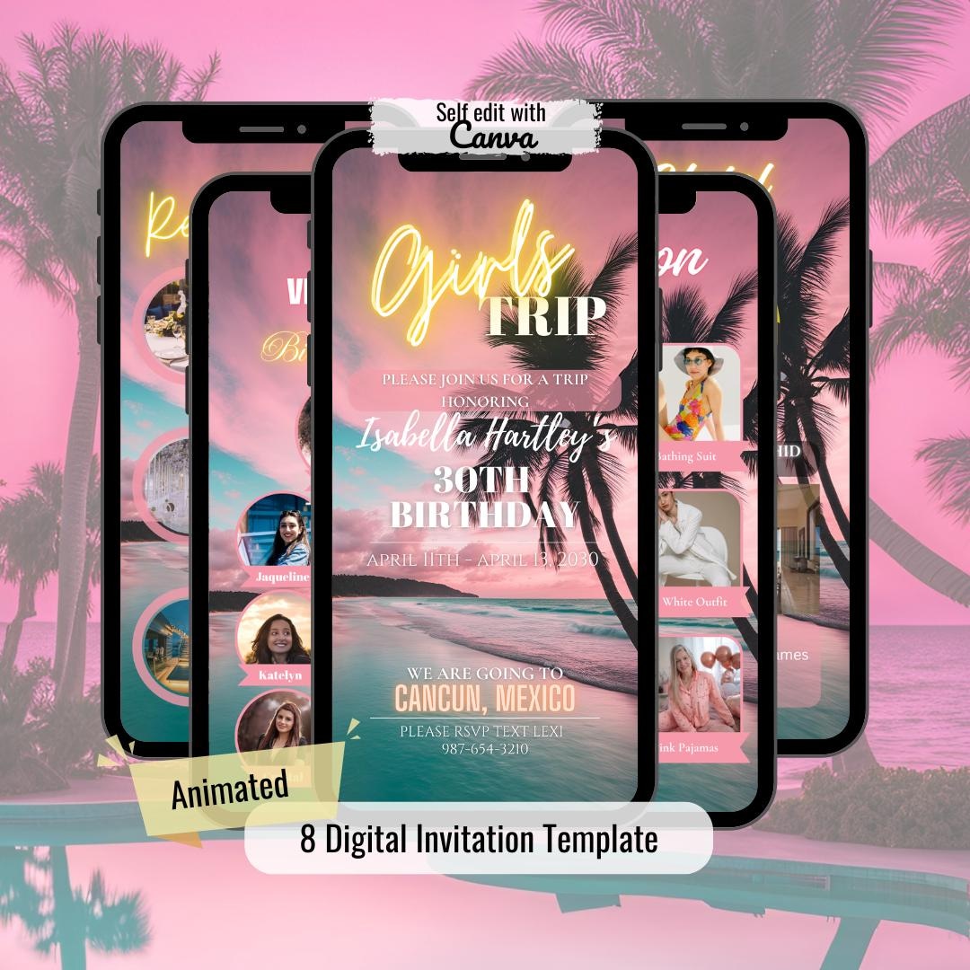 Girls Birthday Trip Invite Template, Beach Trip Invitation, Cancun ...