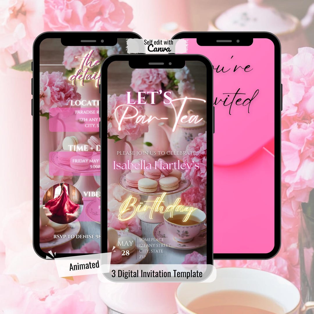 Editable Tea Party Invitation Template, Whimsical Pink Par-tea Birthday ...
