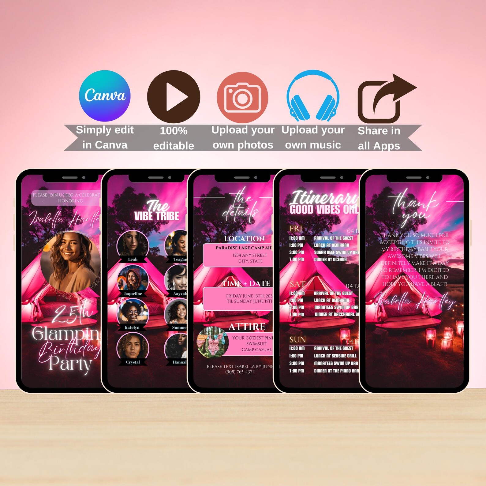 Glamping Invitation, Digital Video Pink Neon Text Invitation, Slumber ...