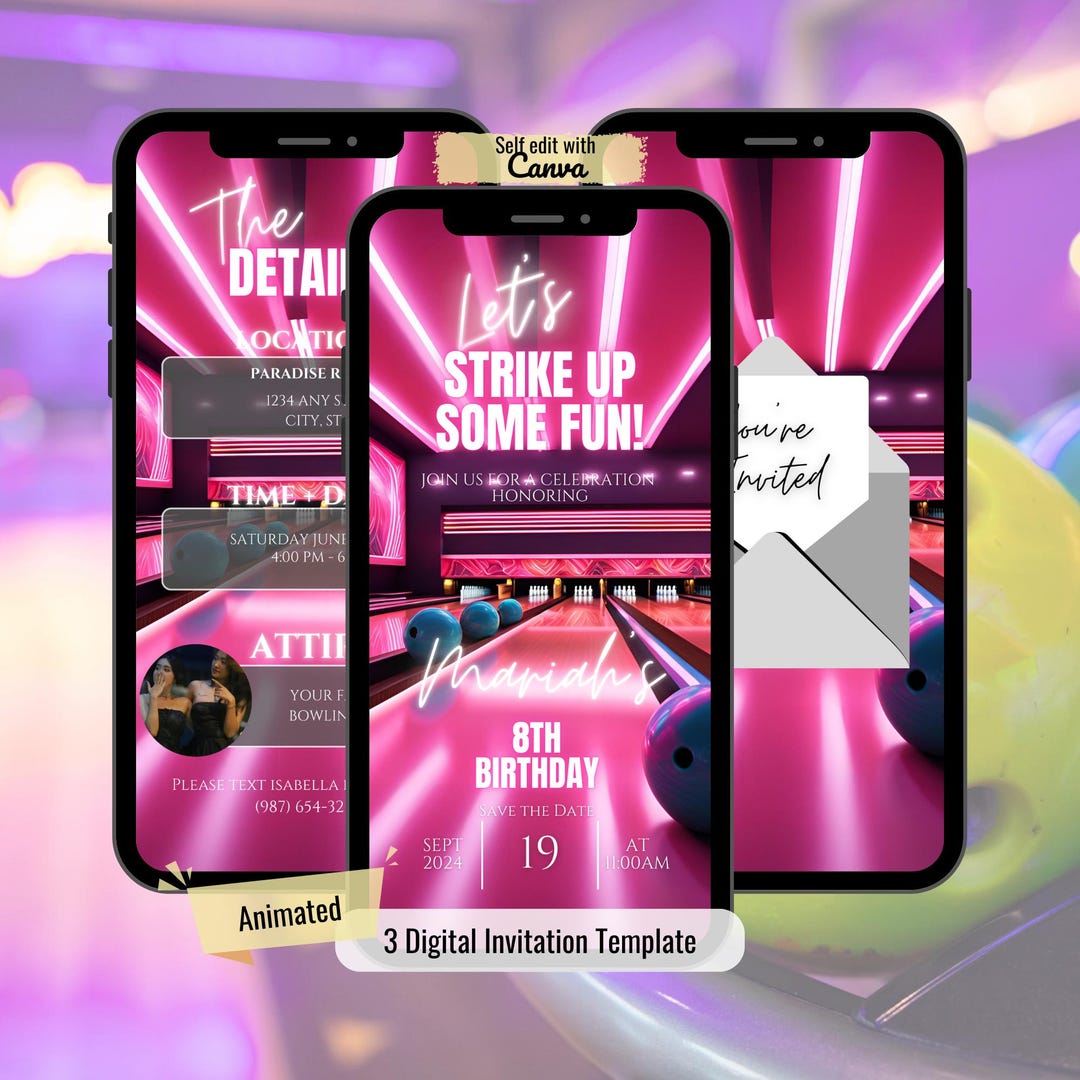 Pink Bowling Alley Birthday Party Invitation, Neon Digital Invite ...