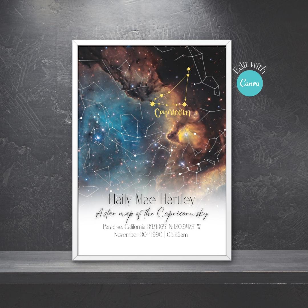 Capricorn Star Map Printable, Custom Birth Chart Gift (canva Template ...