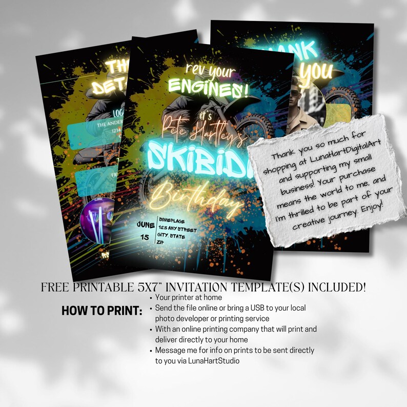 Skibidi Birthday Animated Video Invitation & Printable 5x7 Bundle, Neon ...