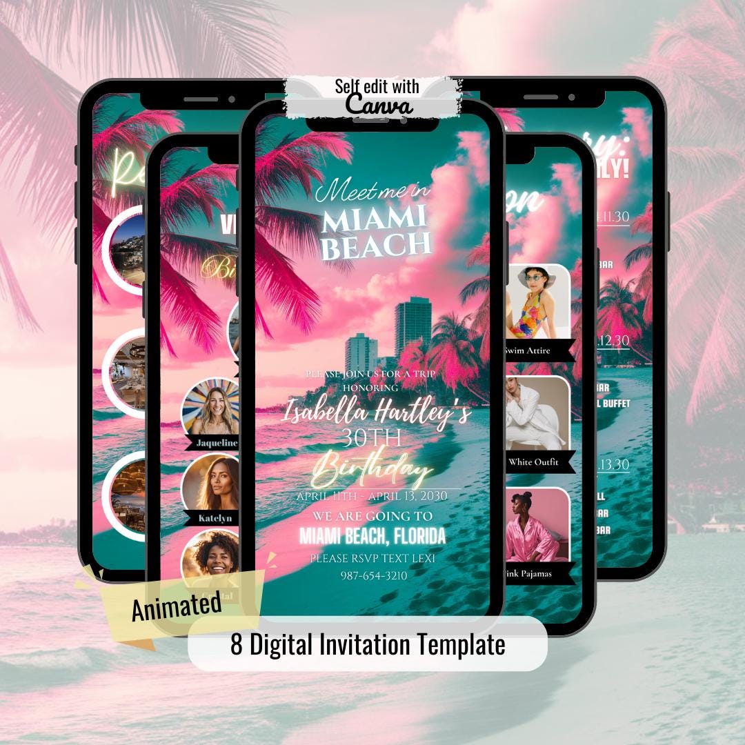 Miami Beach Florida Invite Template, Travel Itinerary Planner, Weekend ...