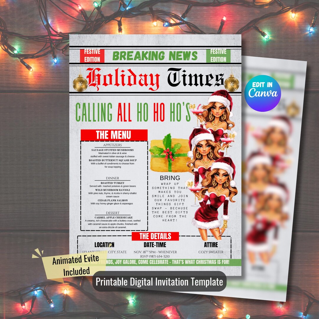 Printable Christmas Party Flyer Template, Holiday Newspaper Card Invite ...