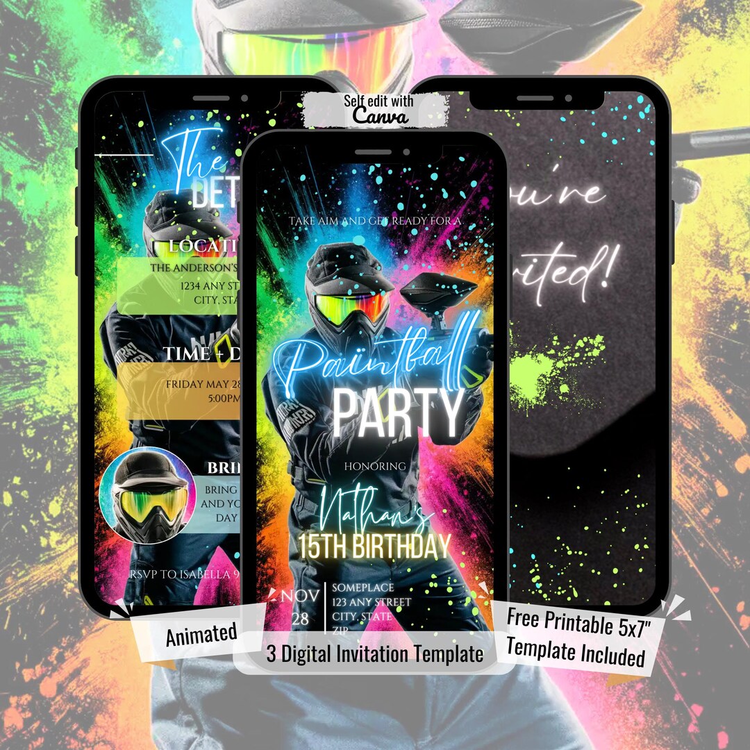 Animated Paintball Party Invitation, Neon Video Evite for 15th Birthday ...