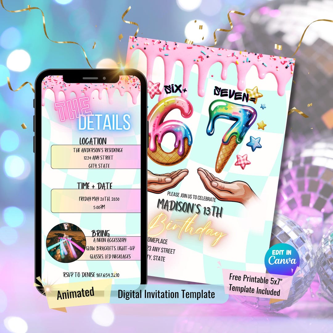 Six Seven 13th Birthday Invitation, Ice Cream Donut, Gen Z Meme ...