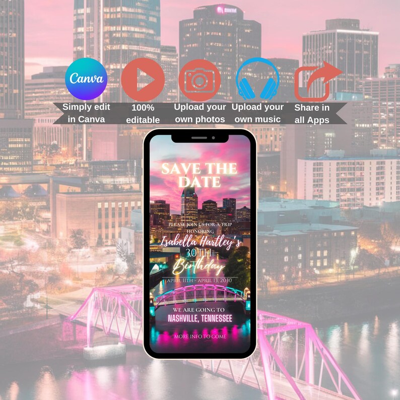 Nashville Save the Date Template: Birthday Trip Invitation (digital ...
