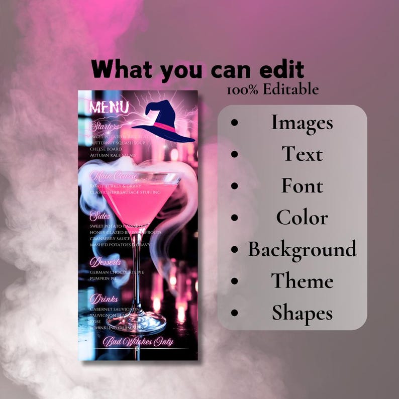 Editable Bad Witches Only Menu Template, Neon Witches Cocktail & Dinner ...