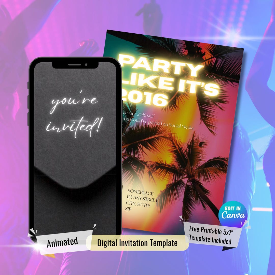 Throwback 2016 Party Invitation Printable 5x7 + Animated Video Evite ...