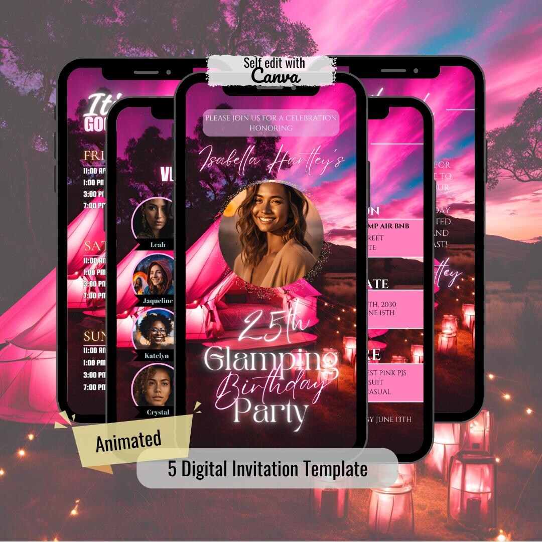 Glamping Invitation, Digital Video Pink Neon Text Invitation, Slumber ...
