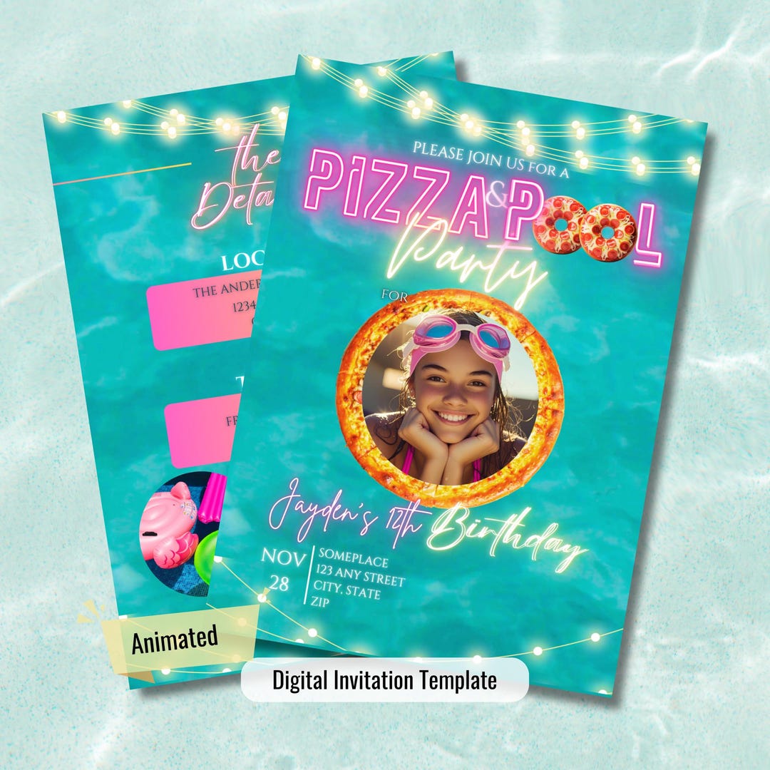 Neon Pink Pizza Pool Party Invitation: Editable Kids Birthday Flyer ...