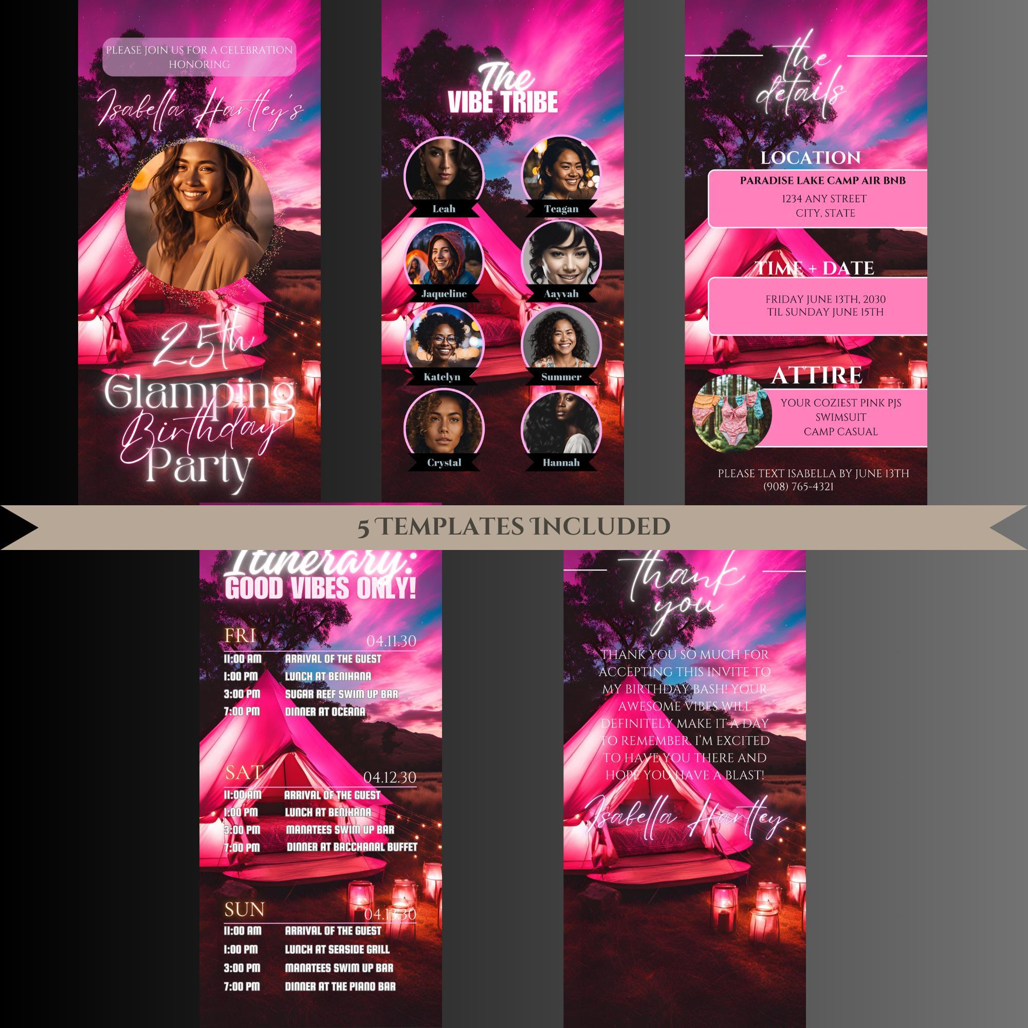 Glamping Invitation, Digital Video Pink Neon Text Invitation, Slumber ...