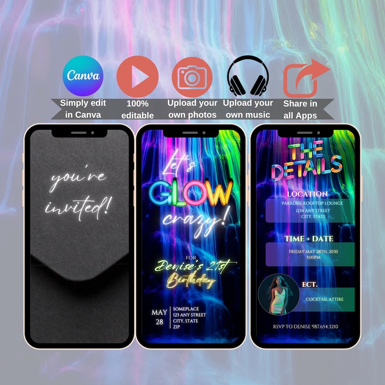 Glow Party Invitation Template: Neon Rave Birthday, Editable Canva ...