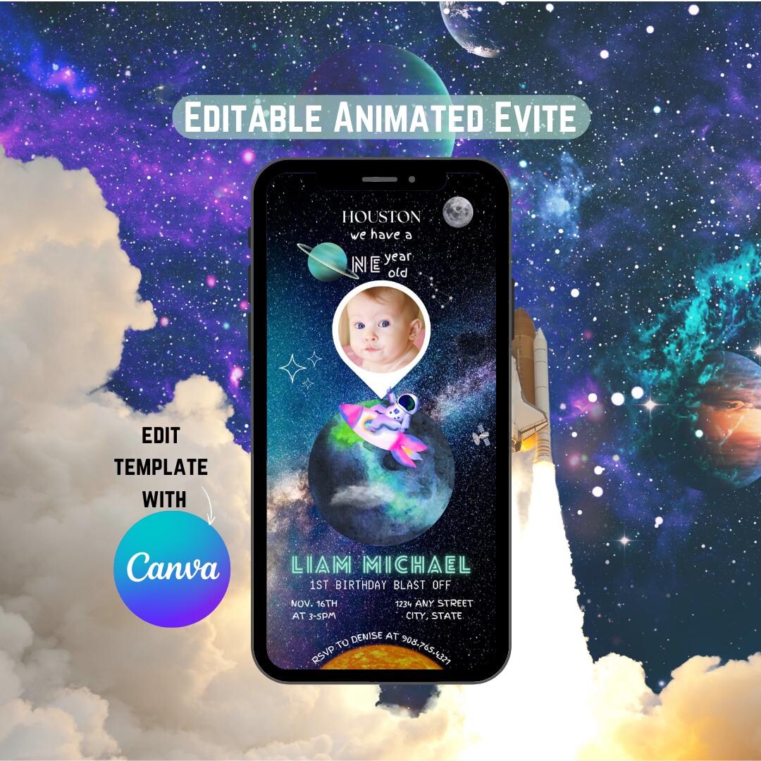 Animated Space Galaxy 1st Birthday Invite, Custom Photo Invitation ...