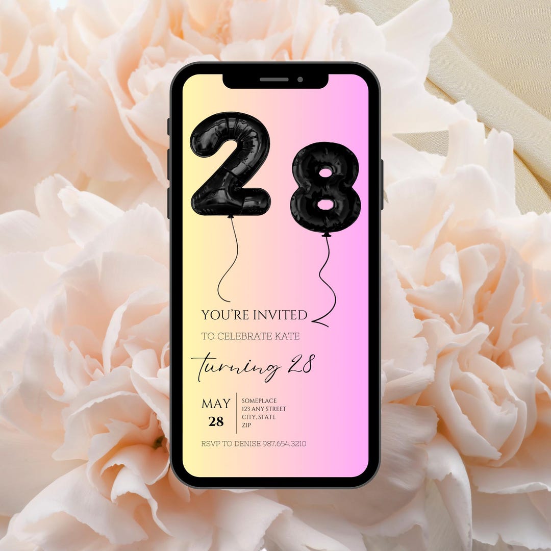 Digital 28th Birthday Invitation, 28th Evite Template, Gradient Pink 28th Birthday Party ...