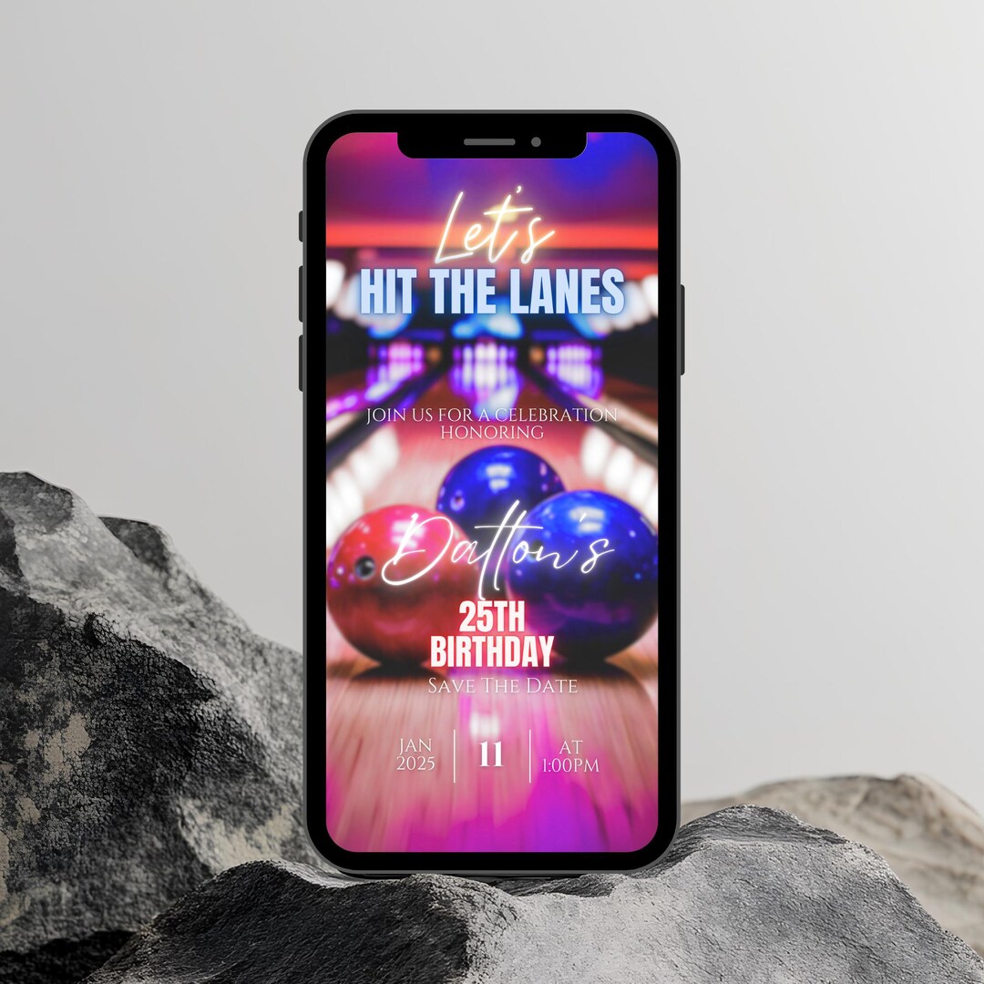 Bowling Alley Birthday Party Invitation, Neon Digital Invite, Editable ...