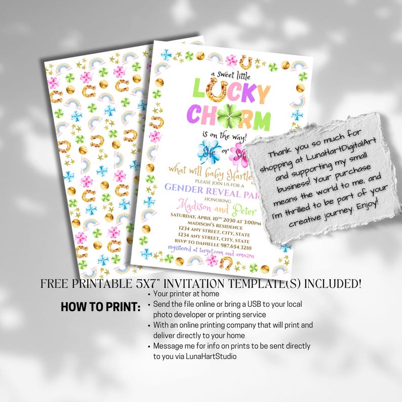 Lucky Charm Gender Reveal Invitation Animated Evite + 5x7 Printable ...