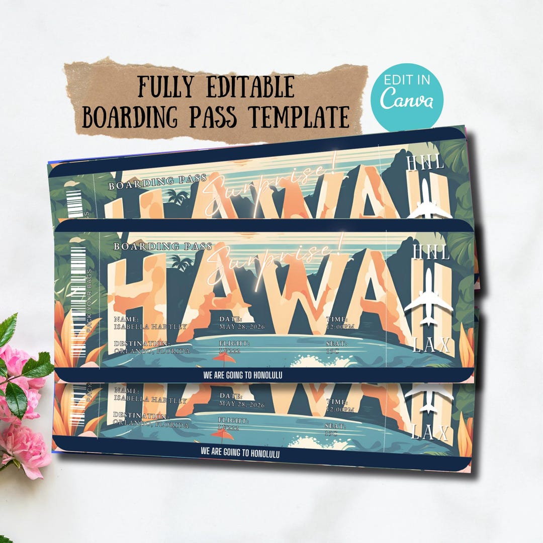 Editable Hawaii Boarding Pass Template, Printable Personalized Airline ...
