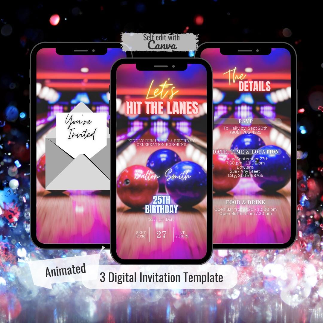 Bowling Alley Birthday Party Invitation, Neon Digital Invite, Editable ...