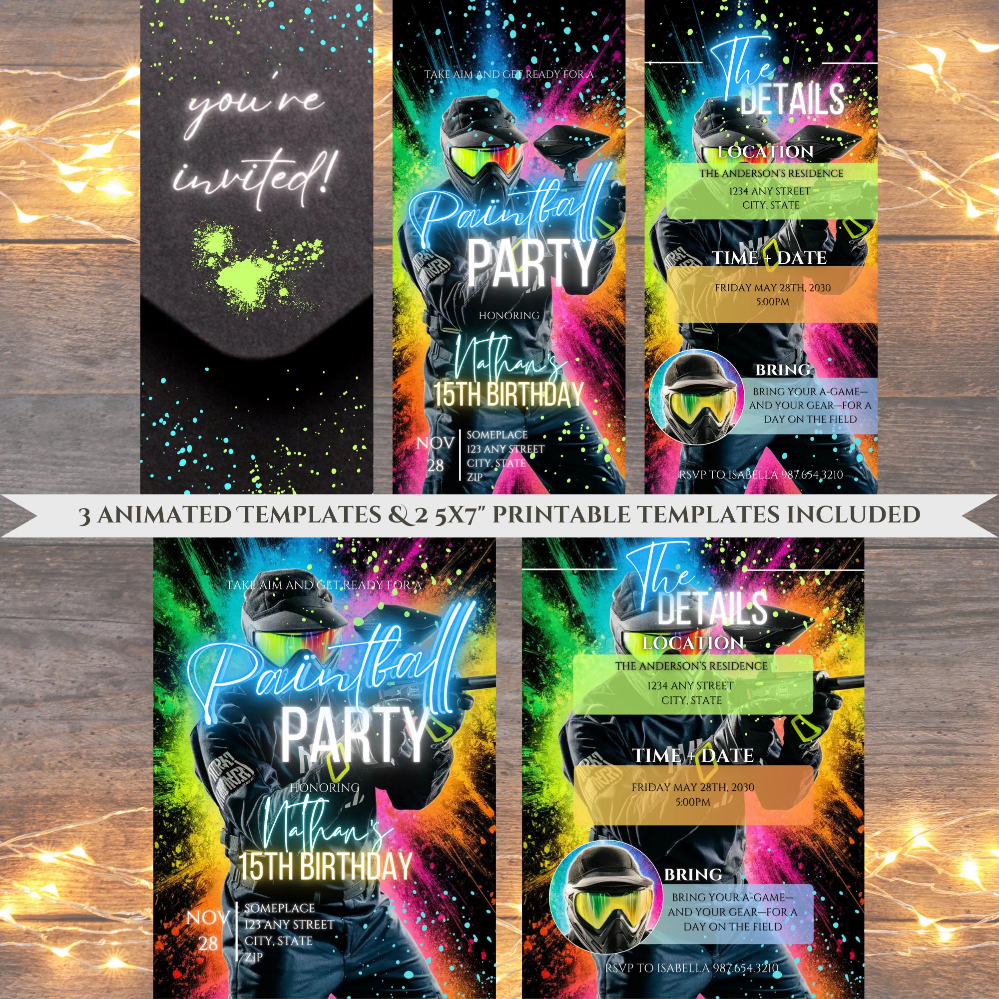 Printable Paintball Party Invitation Flyer, Editable Neon Teen Birthday ...