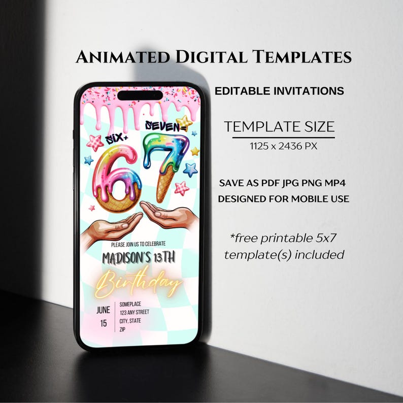 Six Seven 13th Birthday Invitation, Ice Cream Donut, Gen Z Meme ...