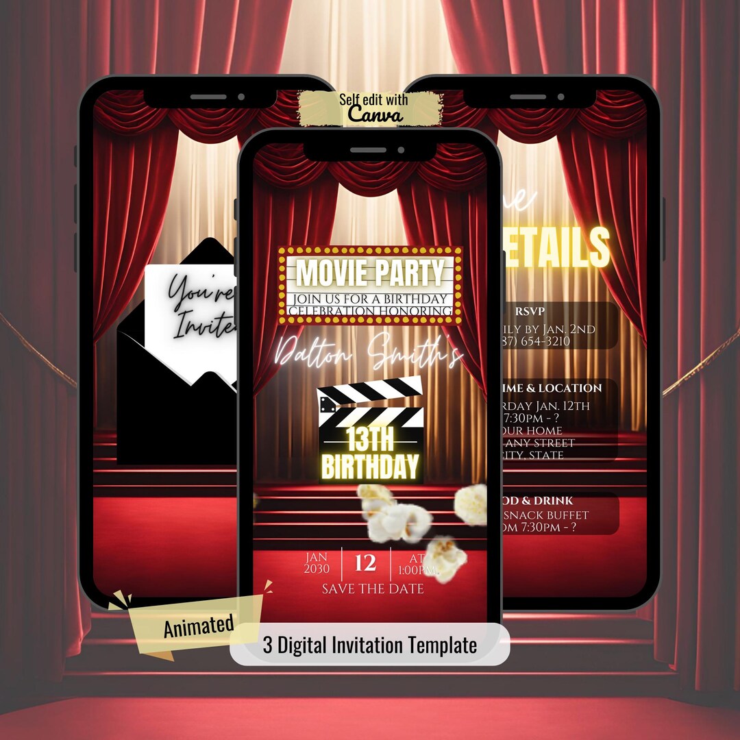 Movie Birthday Party Invitation Template, Animated Movie Theater Invite ...