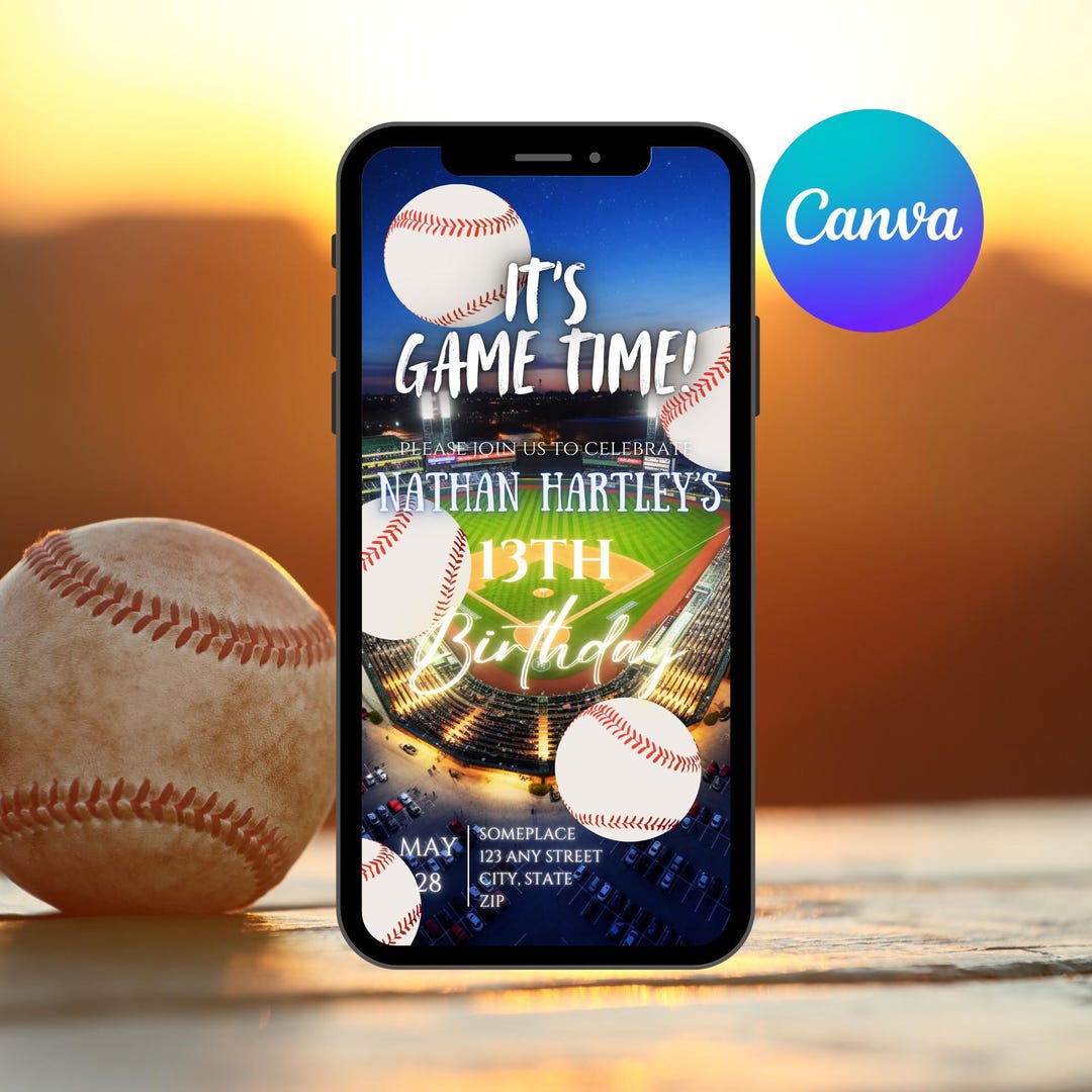 Animated Baseball Birthday Invite: Stadium Lights, Editable Canva ...