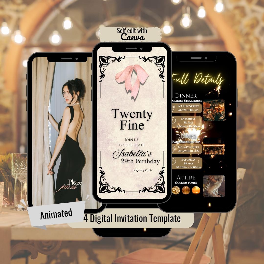 Twenty Fine 29th Birthday Video Invite Template, Black Bow Dinner ...
