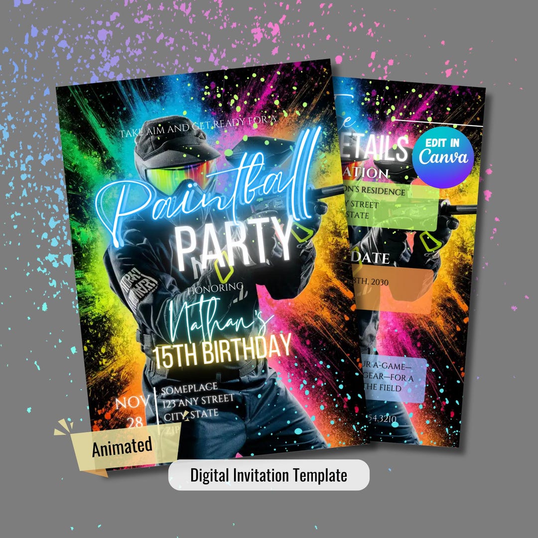 Printable Paintball Party Invitation Flyer, Editable Neon Teen Birthday ...