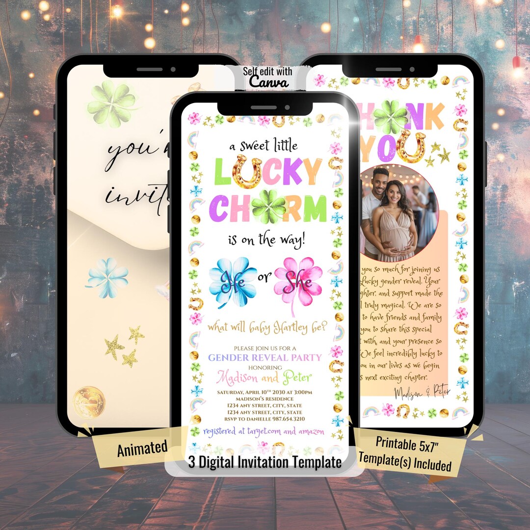 Lucky Charm Gender Reveal Invitation Animated Evite + 5x7 Printable ...