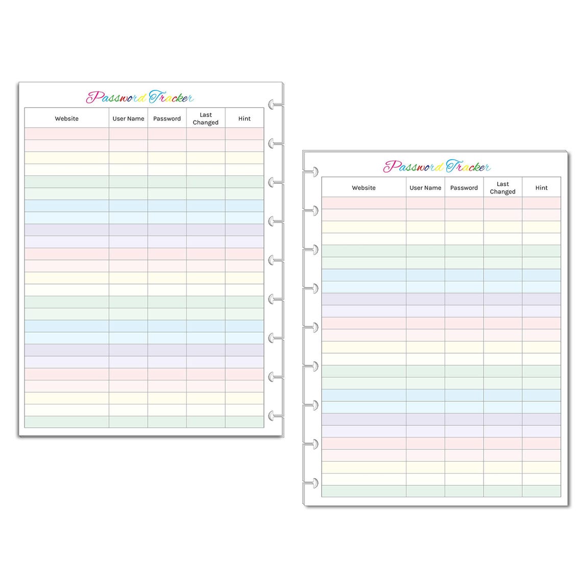 Color Password Tracker for 9-disc Planners, Password Log, Pre-punched ...