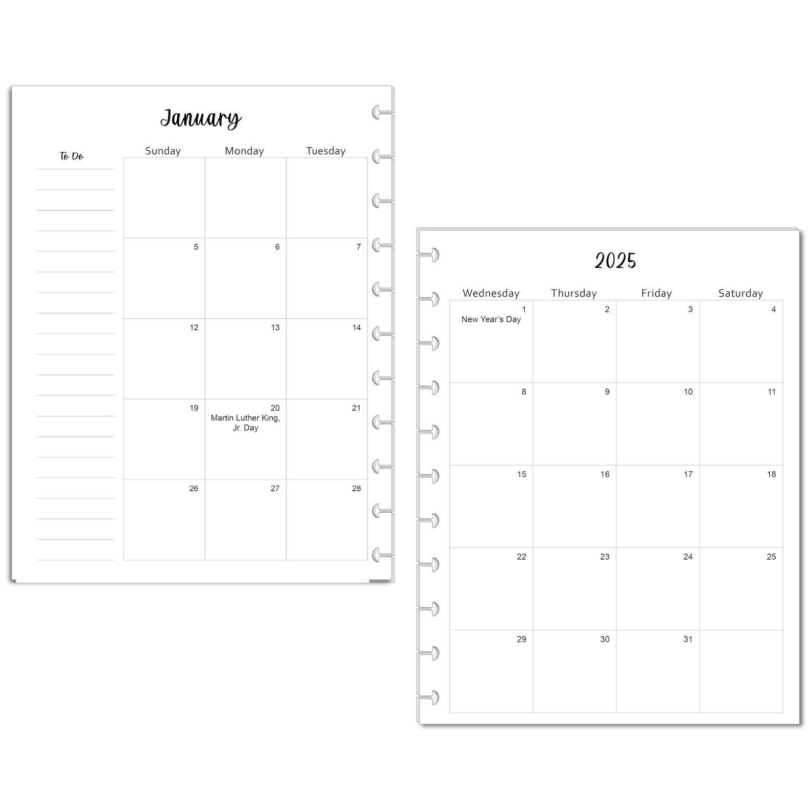 2025 Monthly Calendar Refills for 11-disc Letter Size Planners. Fits ...