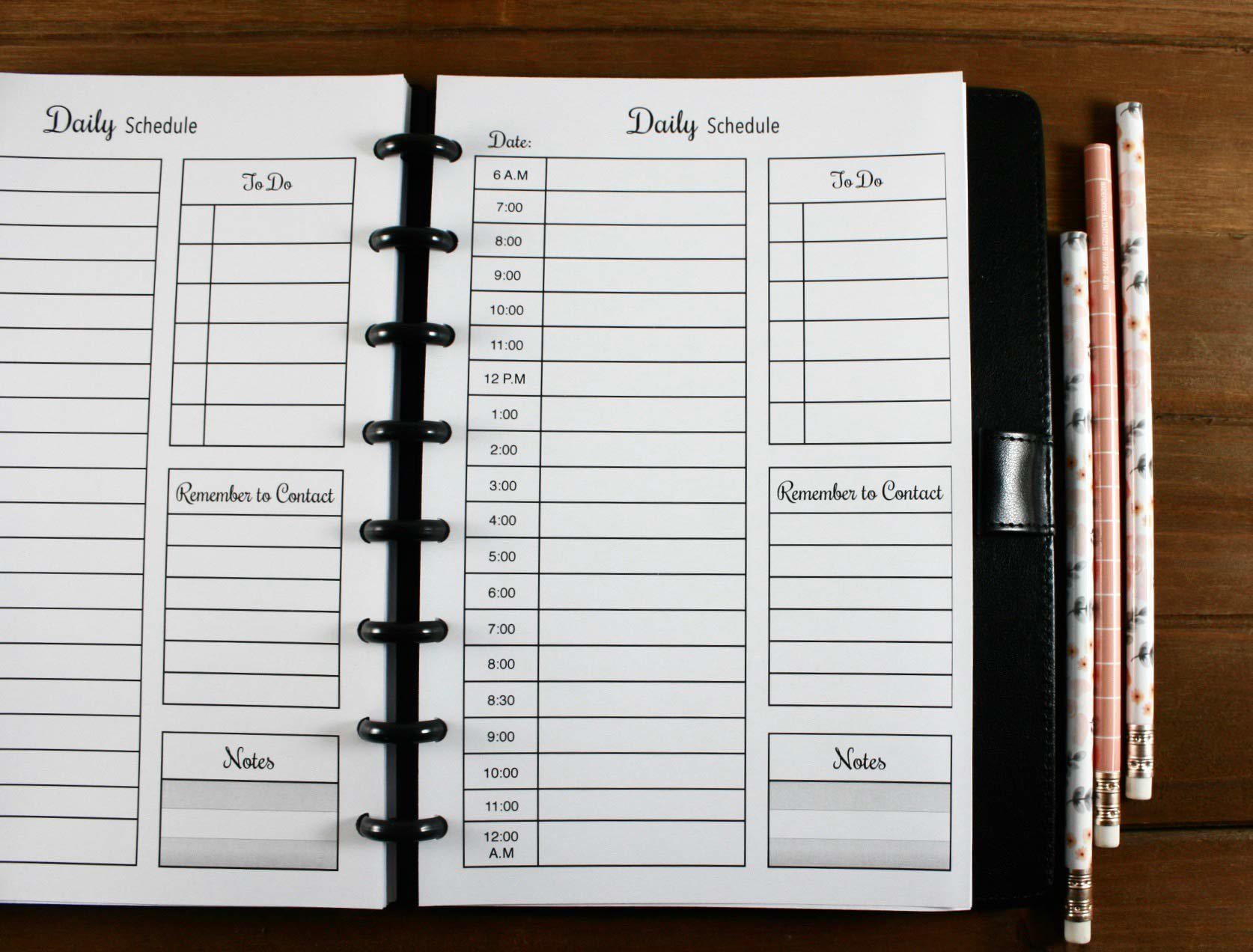 Daily Schedule Inserts for Half Letter Size Discbound Planners, Fits ...