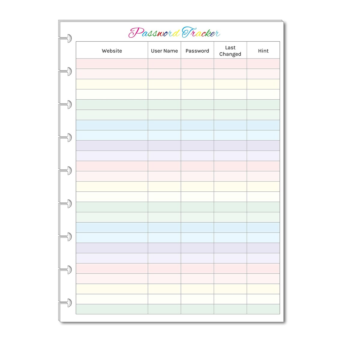 Color Password Tracker for 9-disc Planners, Password Log, Pre-punched ...