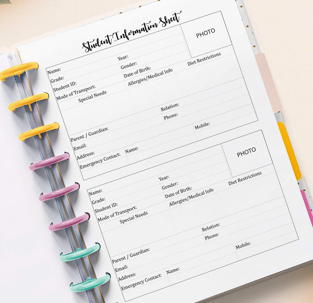 Student Info Sheets for 11 Disc Big Planners Teacher Planner Inserts ...