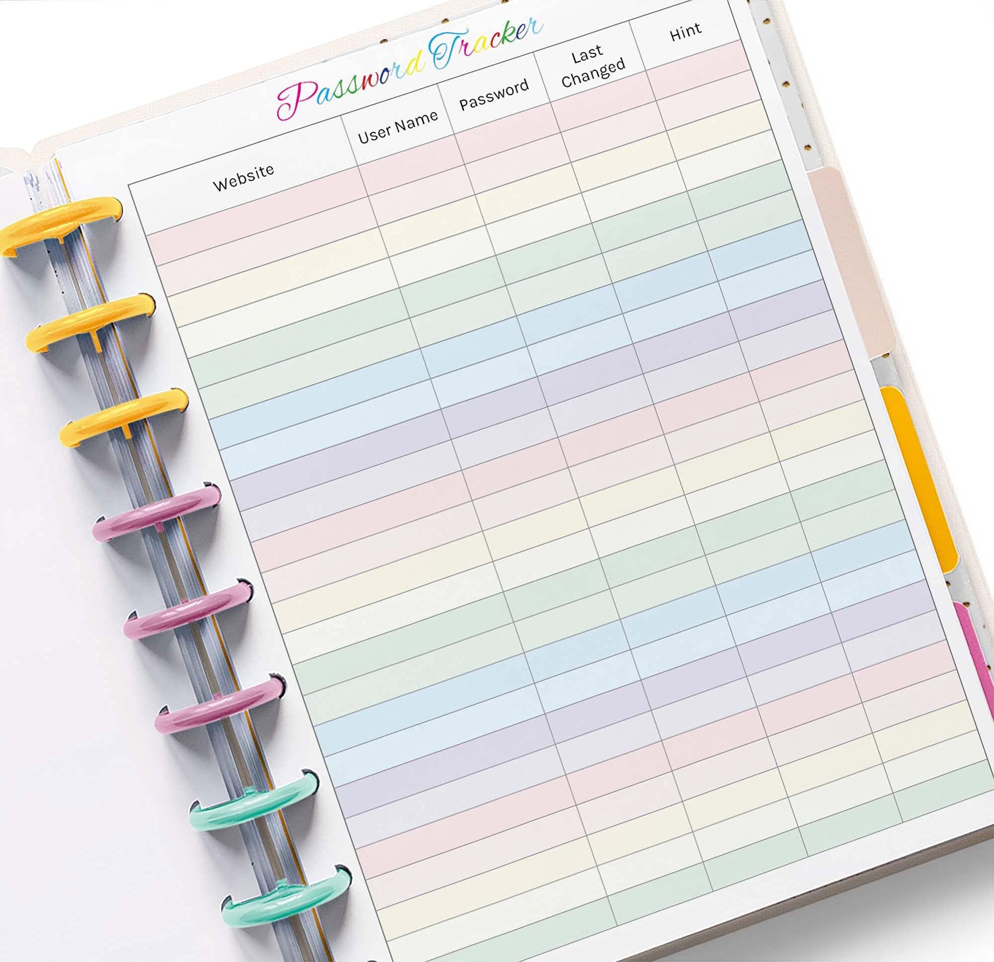Color Password Tracker for 9-disc Planners, Password Log, Pre-punched ...