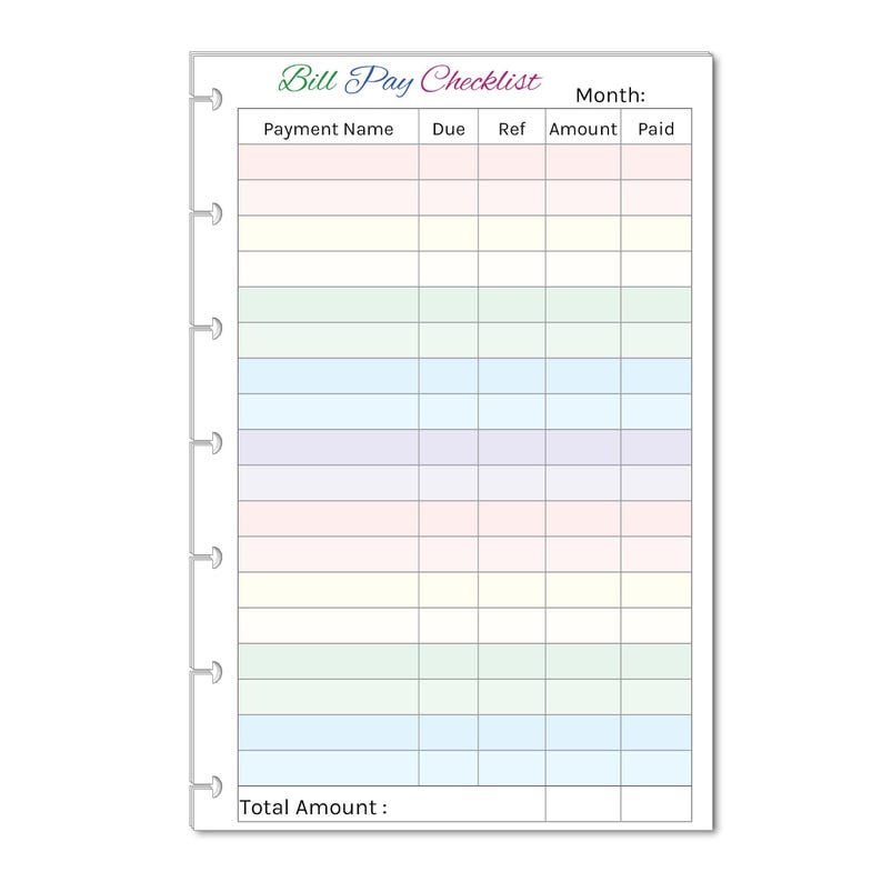 Monthly Bill Pay Checklist for 7-disc Mini Size Planner, Fits 7-disc ...