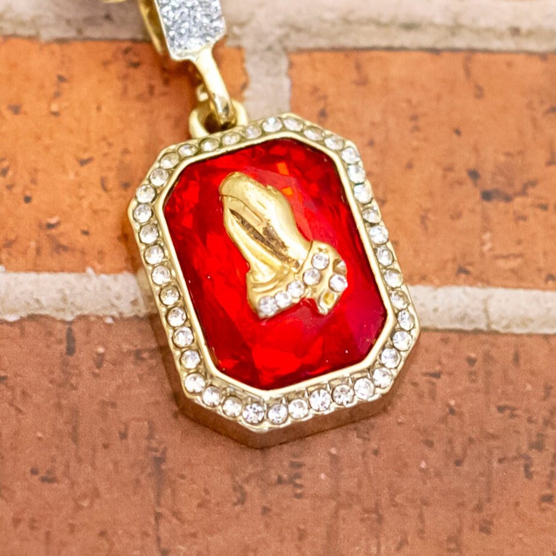 24 Inch, Vintage Vibrant Red Gem Art Deco Praying Hands Gold Tone ...