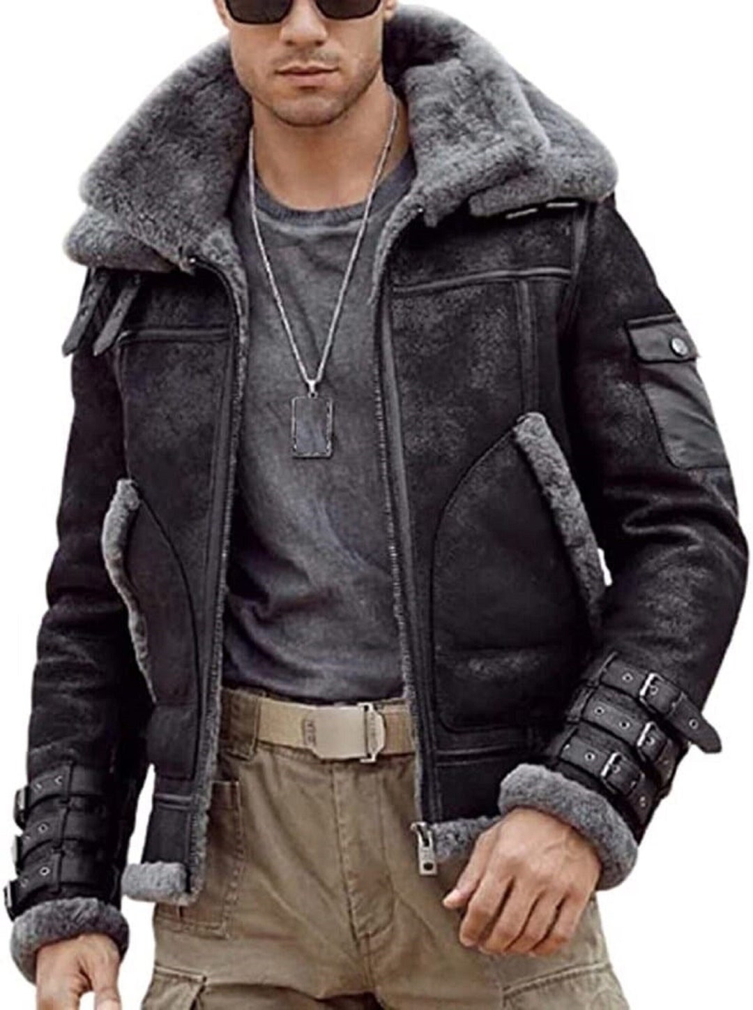 B3 Bomber Men Real Shearling Coat Vintage Aviator Shearling Fur Mens ...