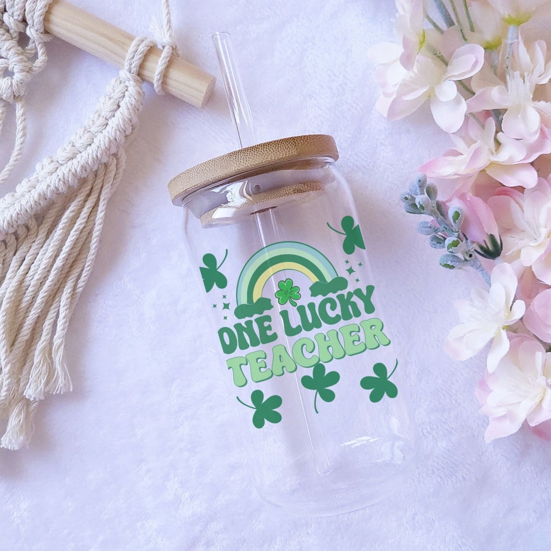 One Lucky Teacher Era, St. Patrick's Day Iced Coffee Cup, Glass Coffee ...