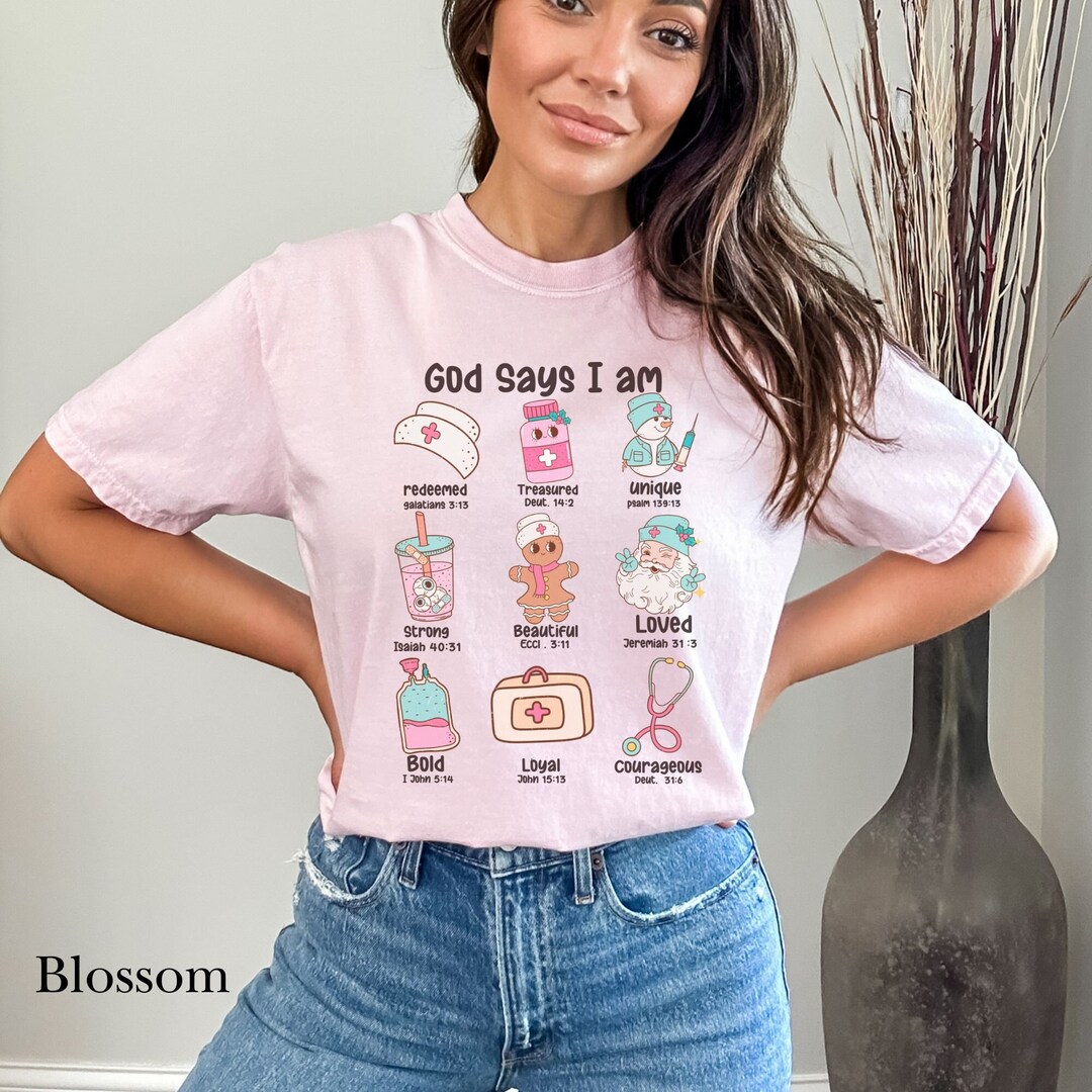 God Says I Am Christmas Tshirt, Cute Nurse Christmas Crewneck, Pink ...