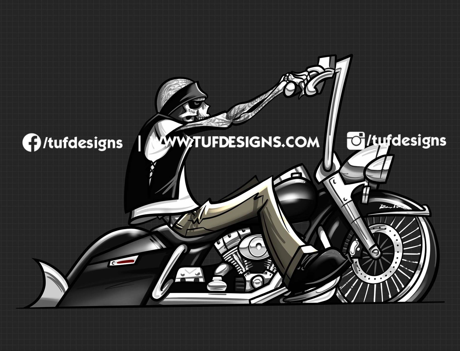 Black Bagger Motorcycle Artwork Skeleton Biker Riding Cholo Style Vicla ...